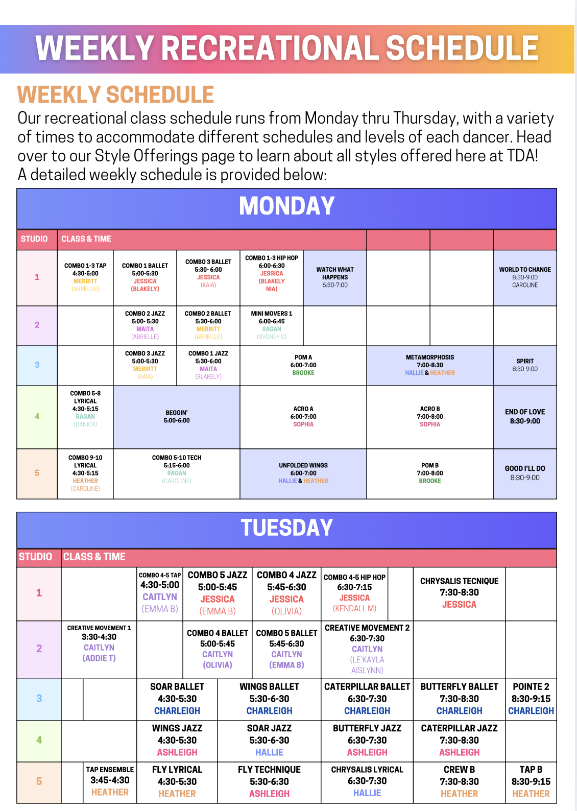Recreational Program Schedule Breakdown